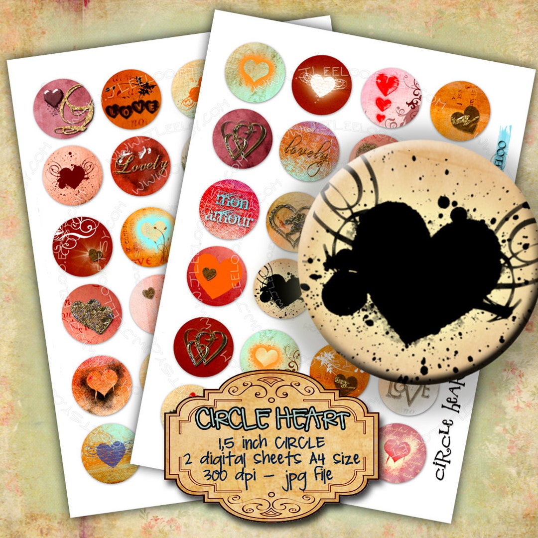 Digital Print CIRCLE HEART 1.5 Inch Circle Love Valentine Images for ...