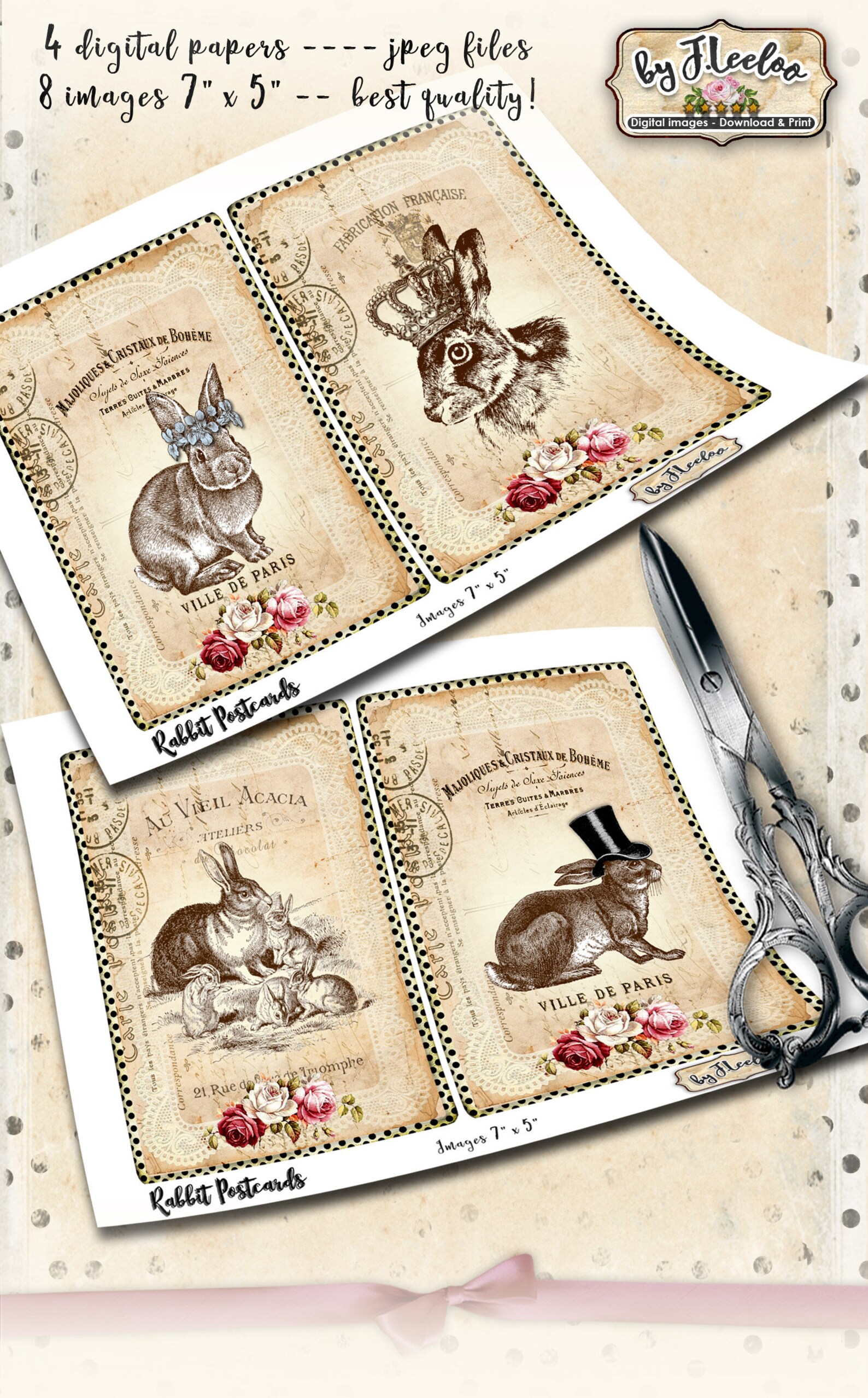 RABBIT POSTCARD Printable Easter Bunny 5x7 Inch Digital Sheet Ephemera ...