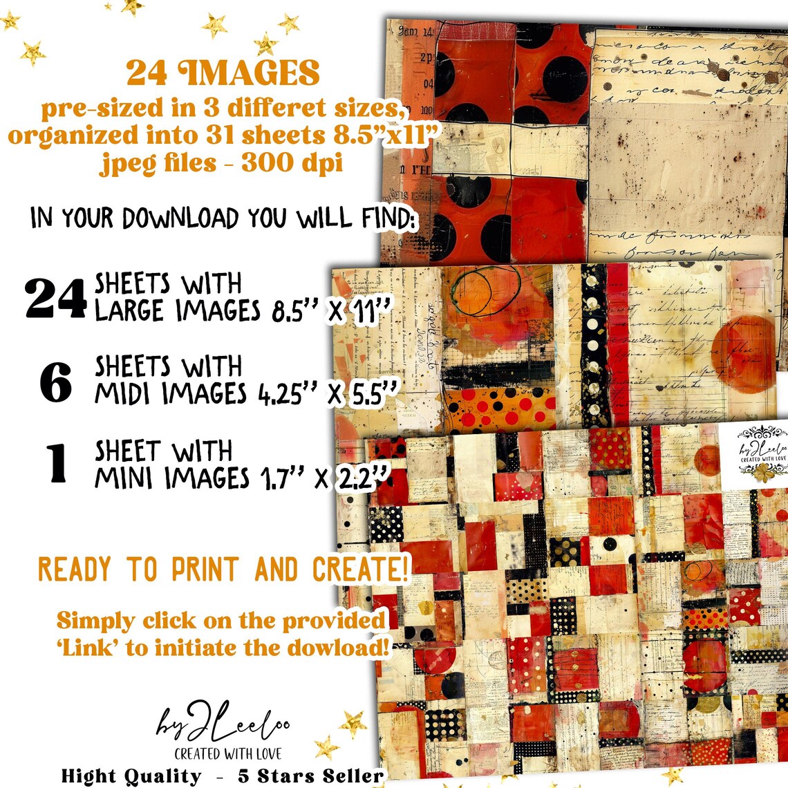 RED INK ARCHIVE – 24 Vintage Abstract Collage Papers in 3 Sizes | Red ...