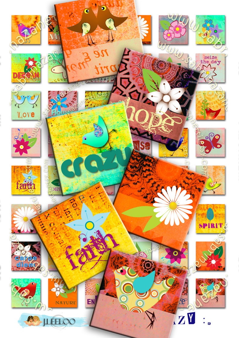 Digital Collage CRAZY 1x1 Square Birds for Pendant Clipart - Etsy
