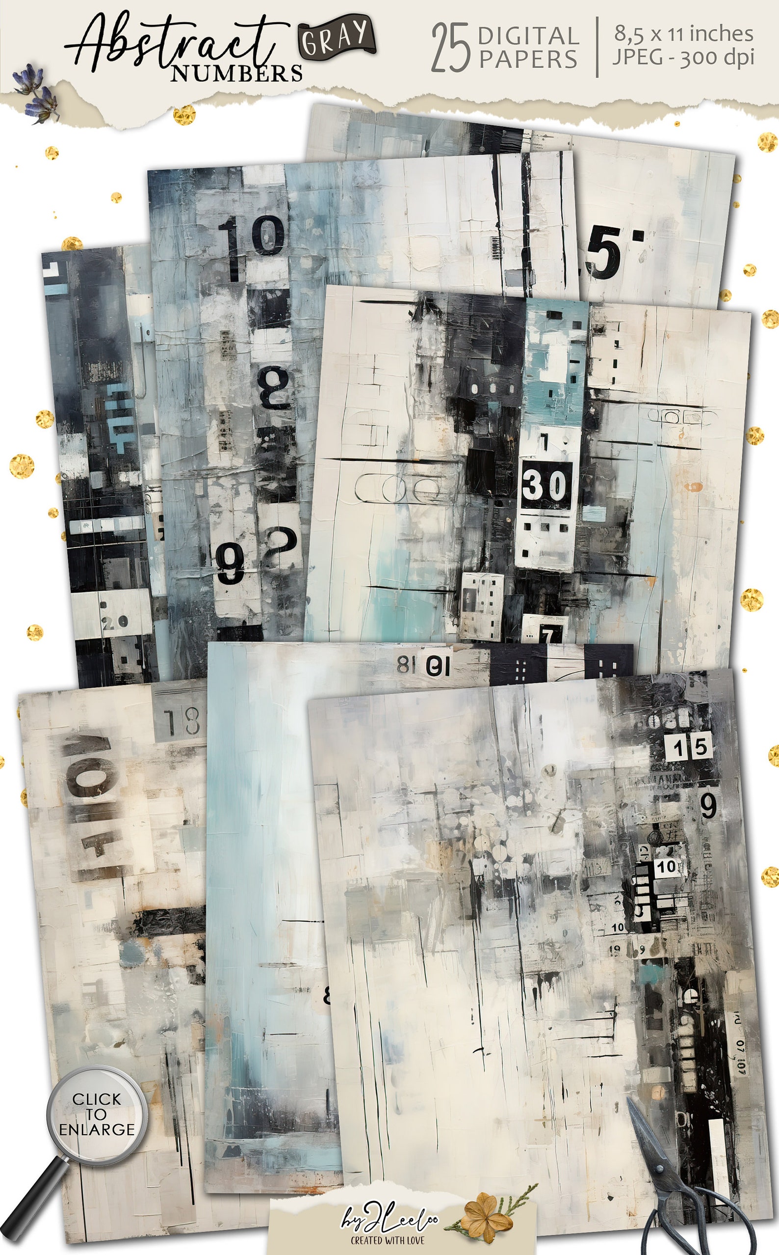 ABSTRACT NUMBERS Gray Vintage Papers | Industrial Junk Journal Pages ...