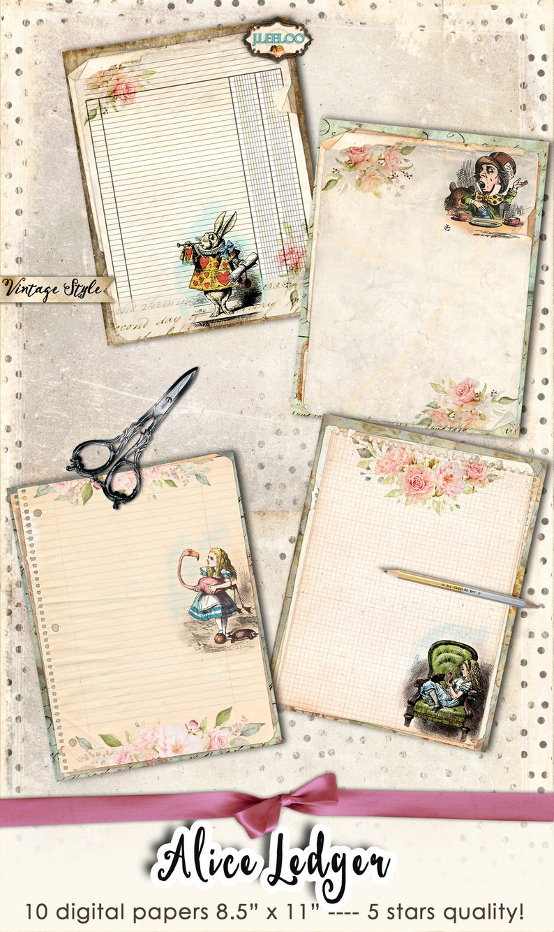 ALICE LEDGER in Wonderland Large Papers 8.5x11 Inch Printable Diary Mad ...