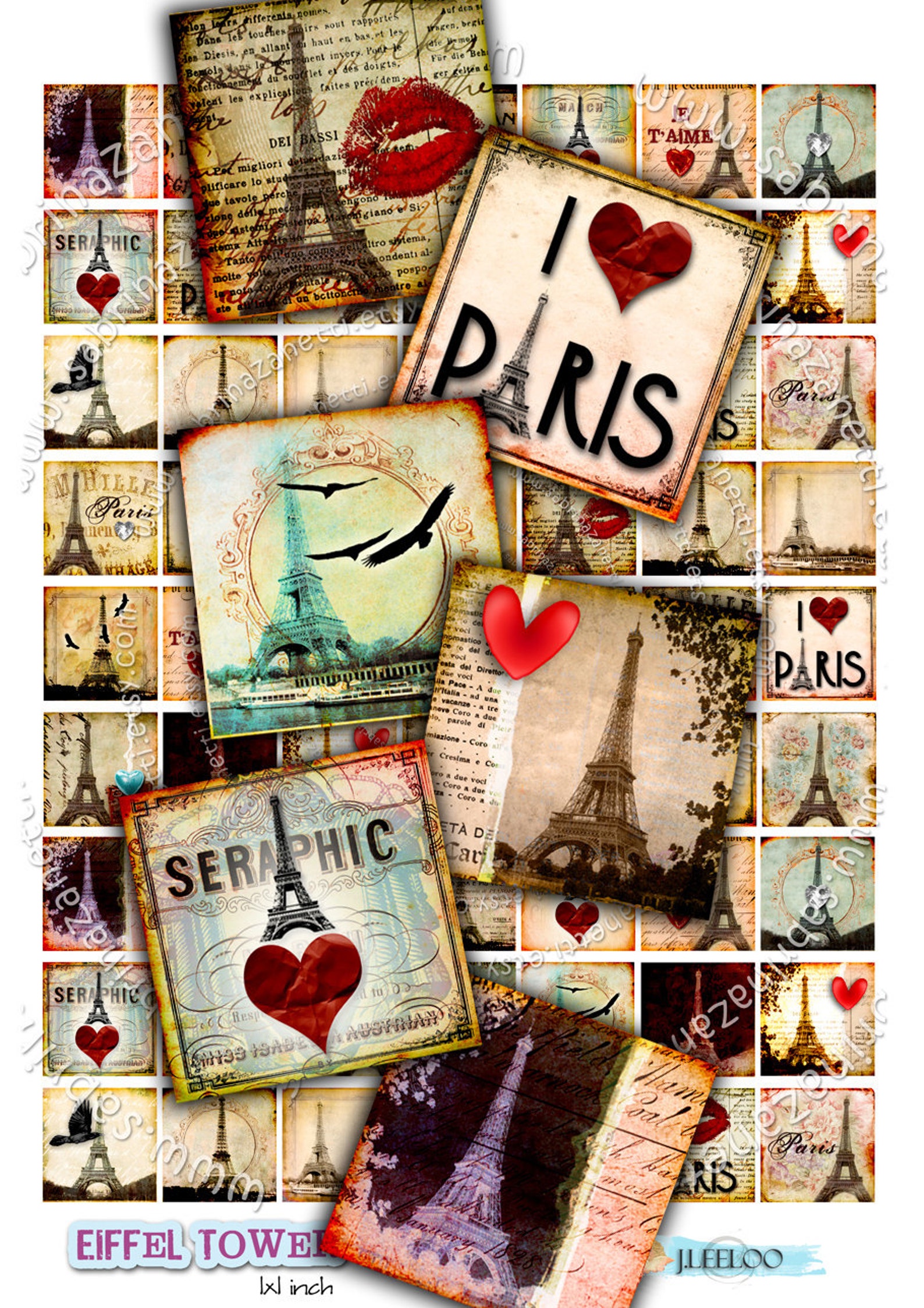 Digital Collage EIFFEL TOWER 1x1 Inch Square Paris France - Etsy