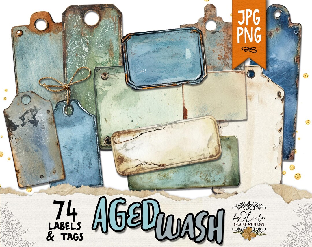AGED WASH 74 Labels and Tags Printable | PNG Jpg Old Grungy Watercolor ...