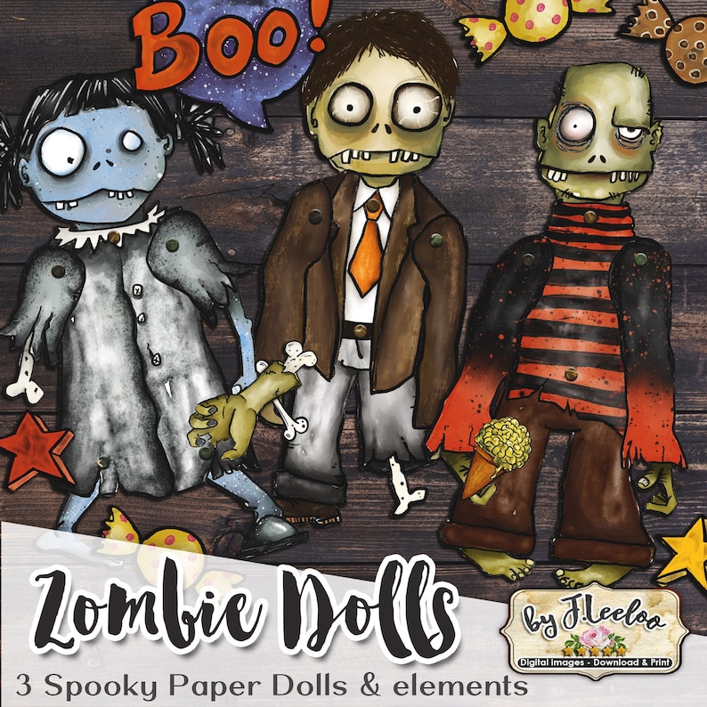ZOMBIE DOLLS Halloween Hand Drawn Paper Doll Scary Digital Altered Art ...