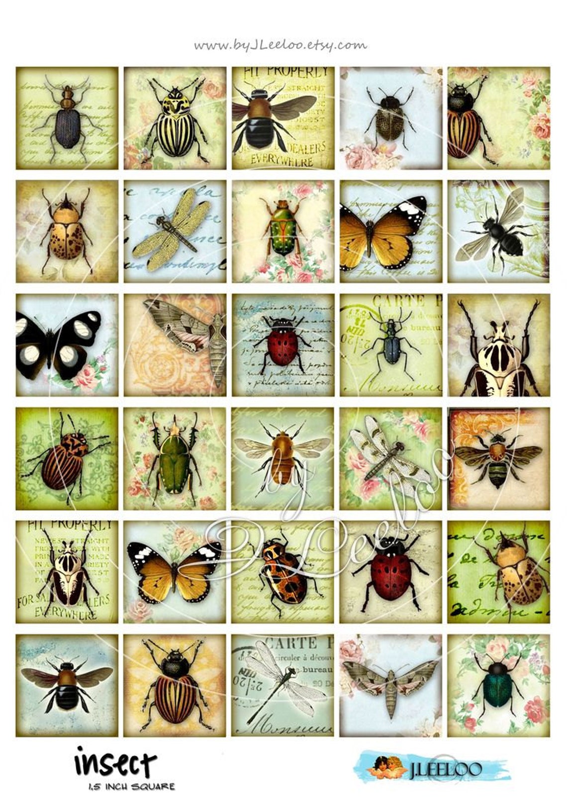 Digital Paper INSECT 1.5 Inch Square Butterfly Ladybug | Etsy