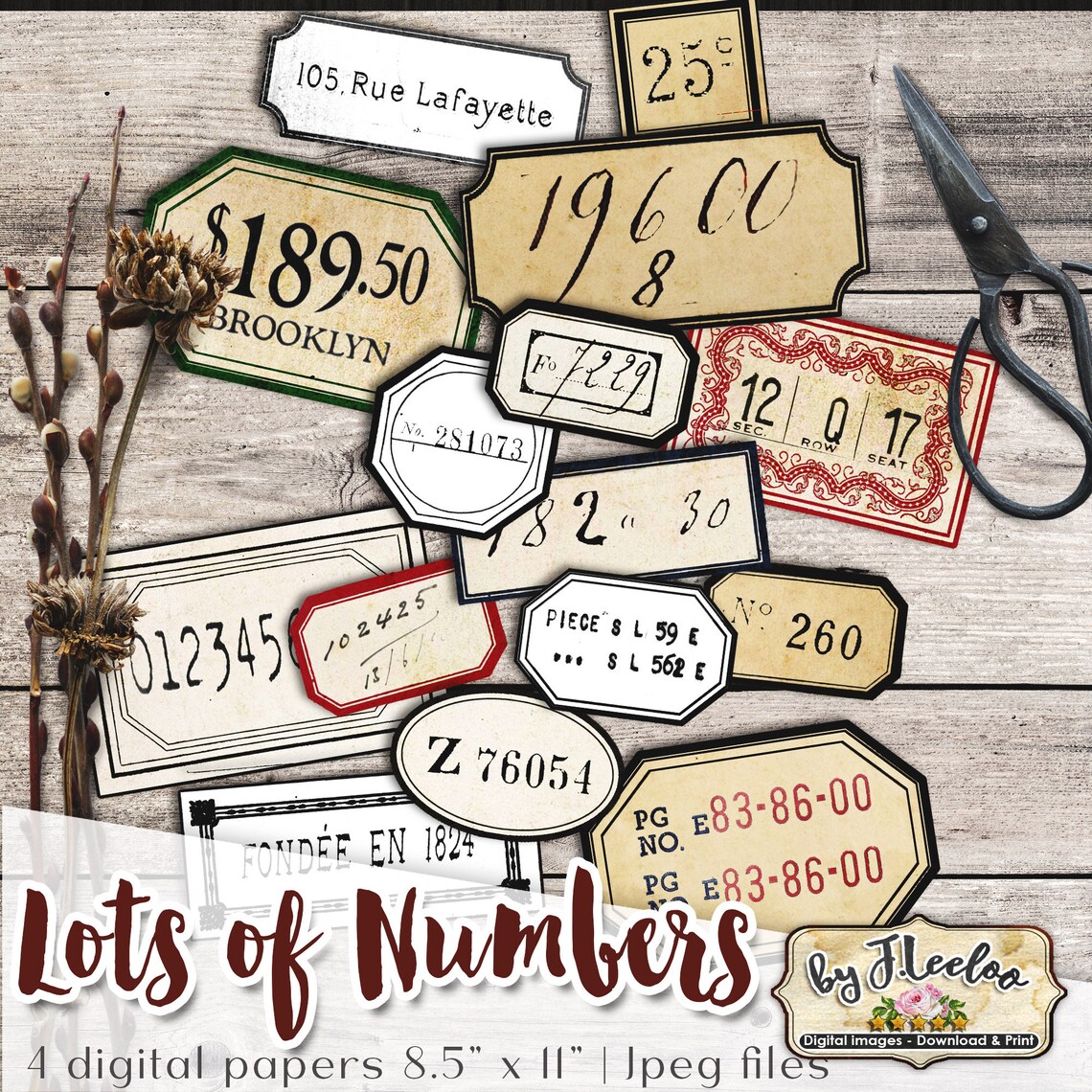 LOTS OF NUMBERS Labels Kit Printable Vintage Ephemera Junk Journal ...