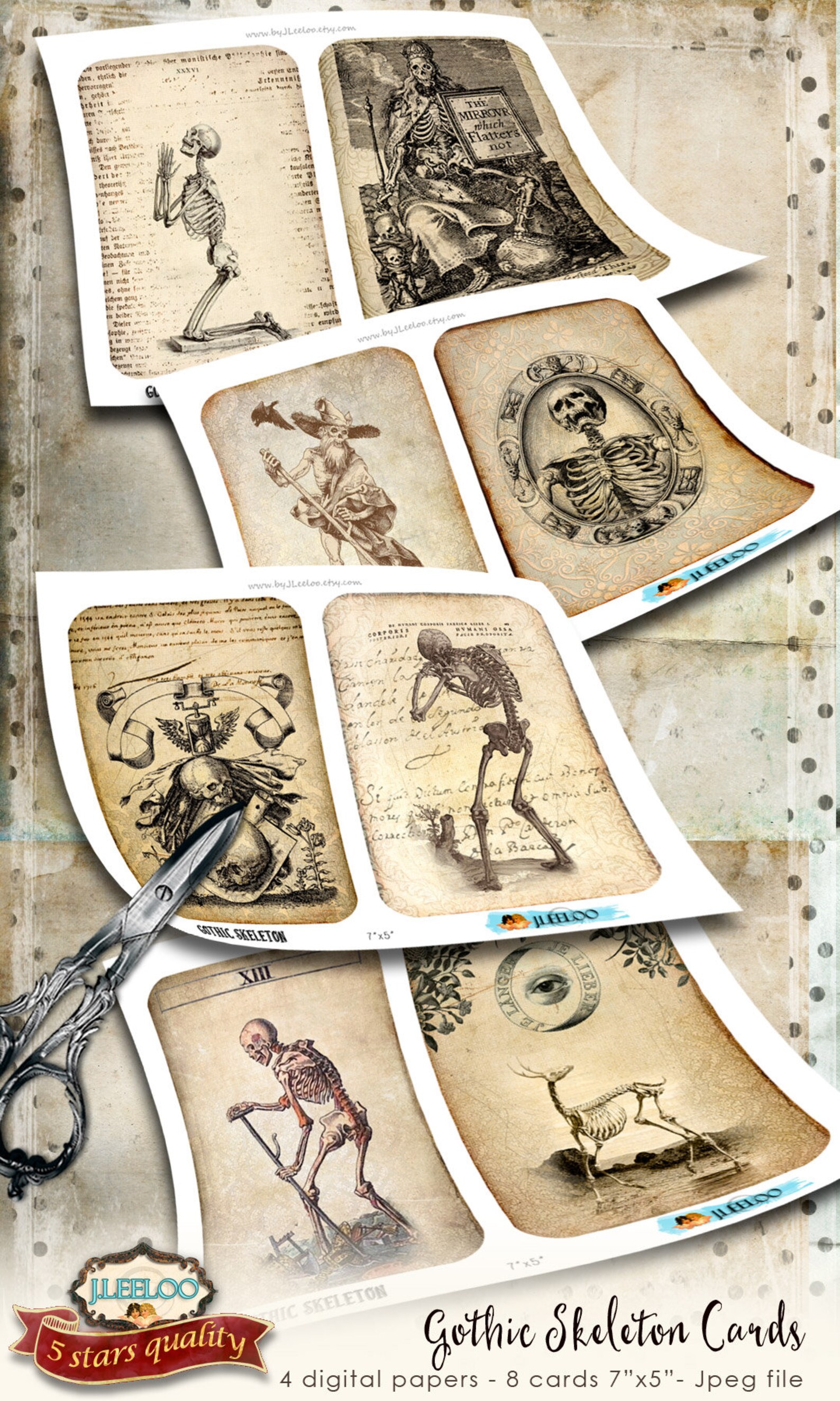 GOTHIC SKELETON Cards 5x7 Inch Digital Collage Sheet Gothic - Etsy
