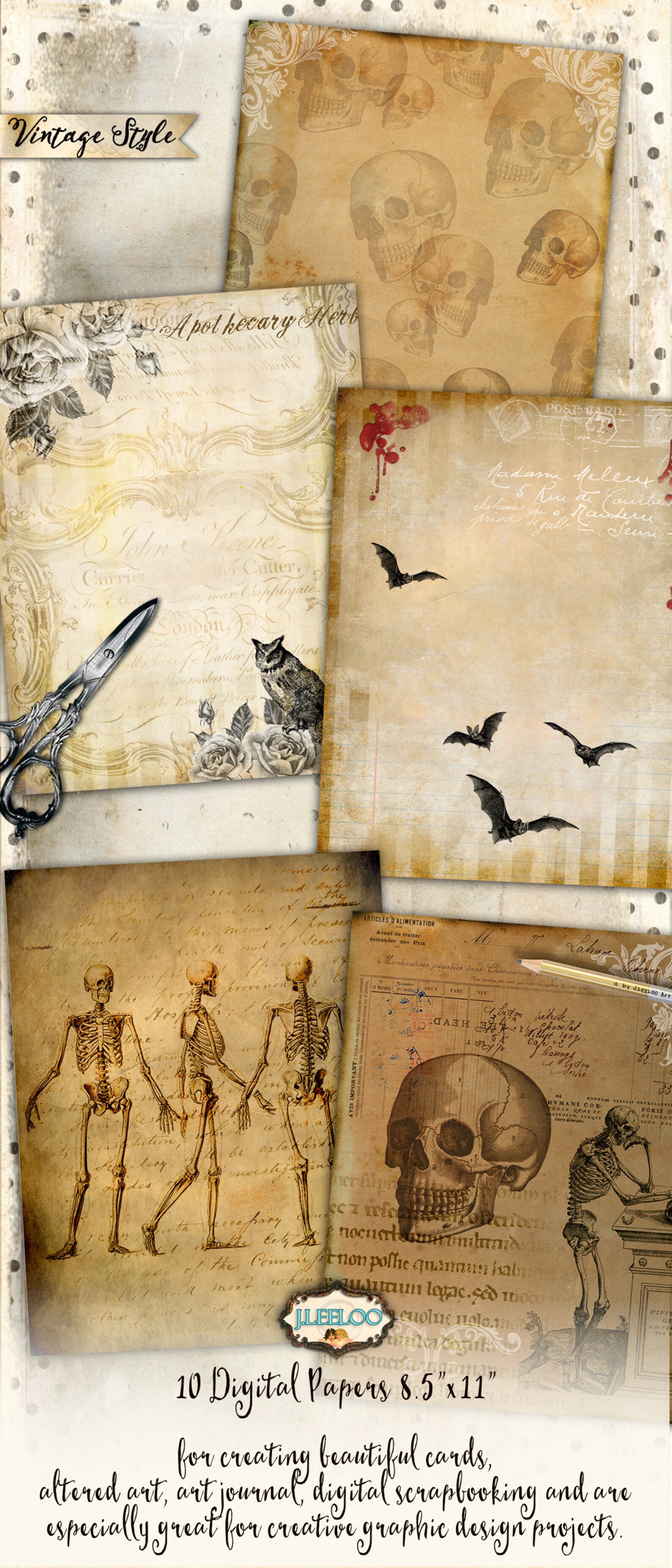 HALLOWEEN PAPERS Large 8.5x11 Inch Papers Gothic Distressed Scrapbook ...