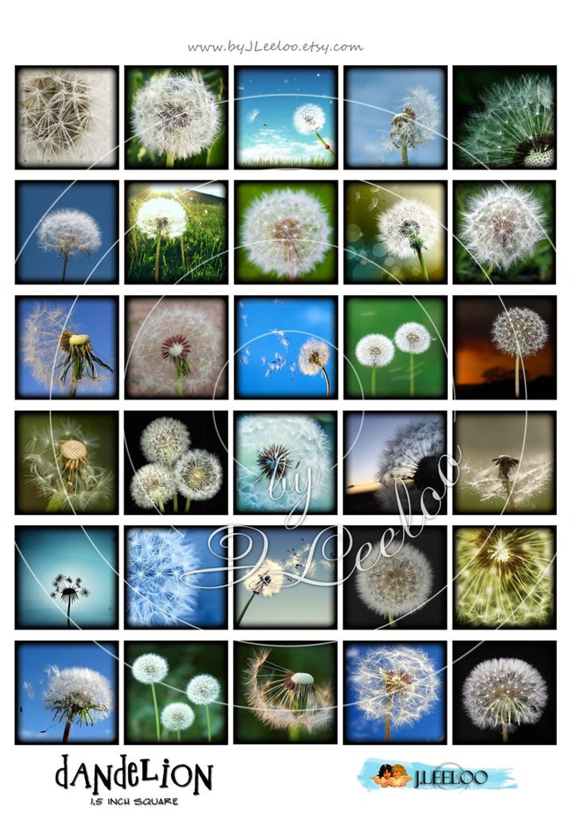 Digital Collage DANDELION 1.5 Inch Square Romantic Dandelion | Etsy