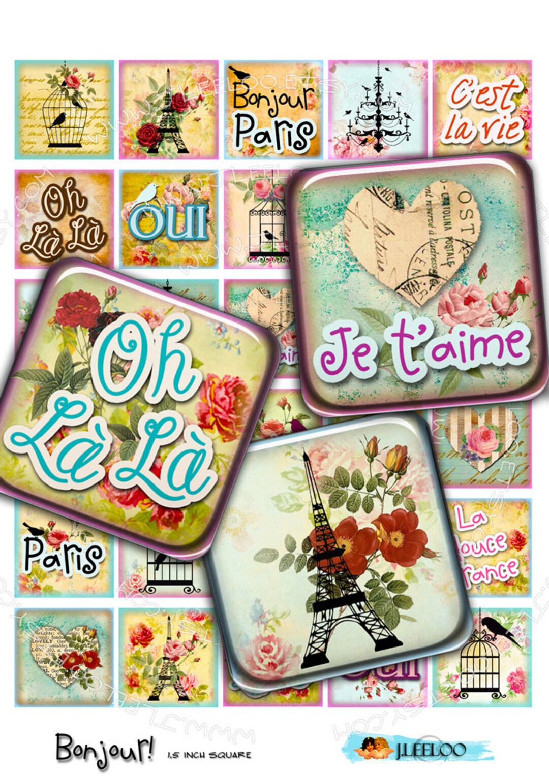 Digital Printable Sheet BONJOUR 1.5 Inch Square Digital - France Eiffel ...