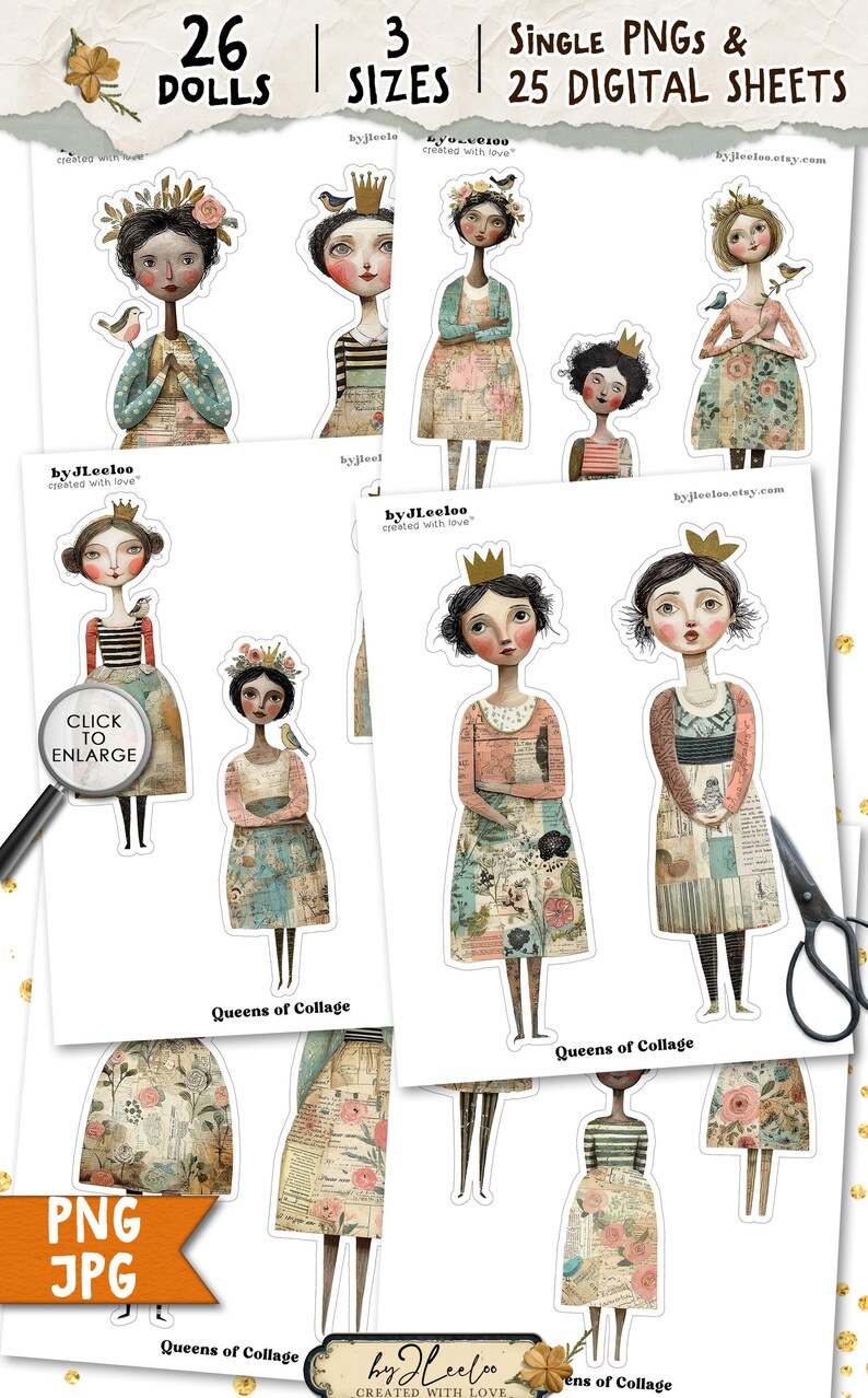 QUEENS of COLLAGE - Vintage Paper Dolls Set | 3 Sizes + Pngs ...