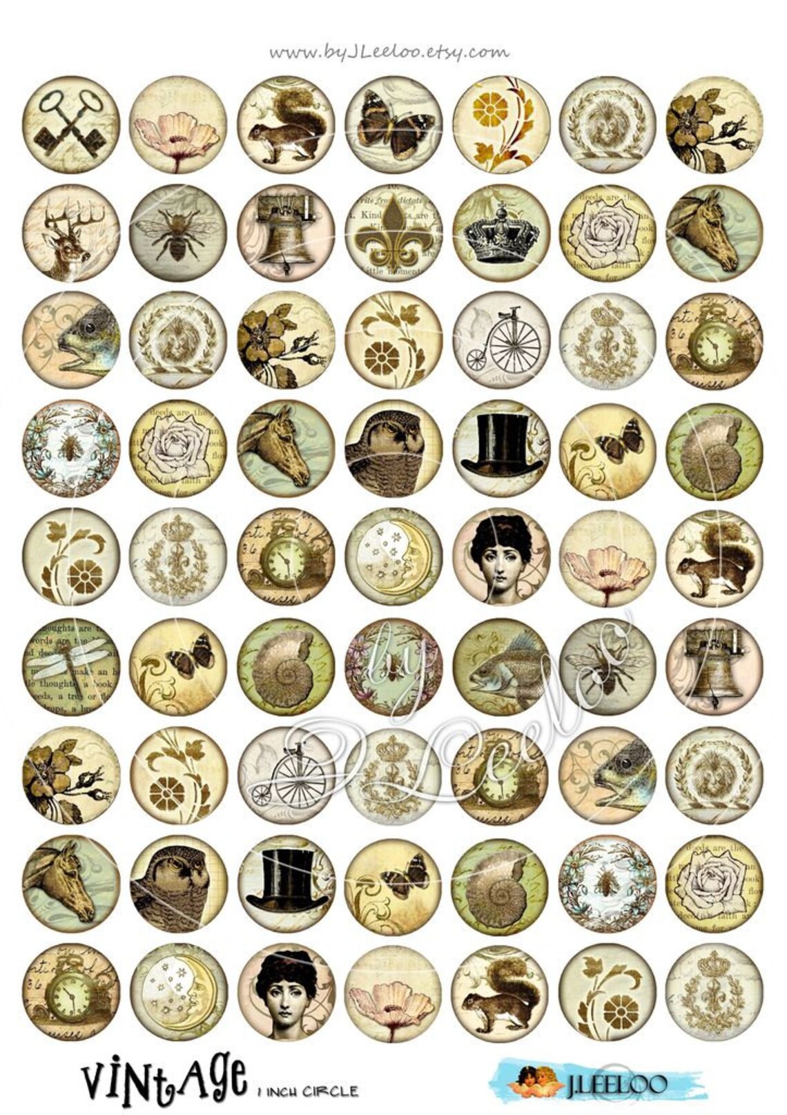 Digital Printable Sheet VINTAGE Images 1 Inch Circle Sheets | Etsy