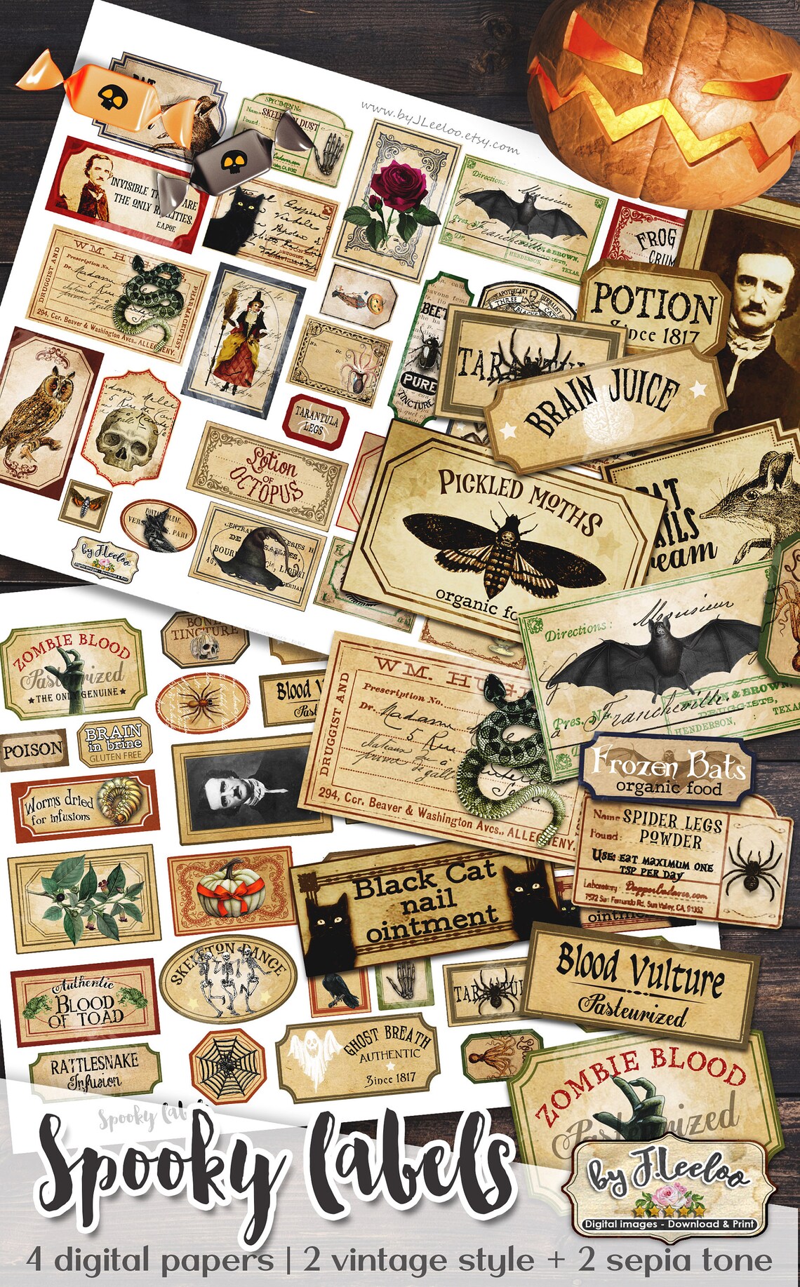 SPOOKY LABELS Vintage Kit Apothecary Witch Halloween Bottle Junk ...