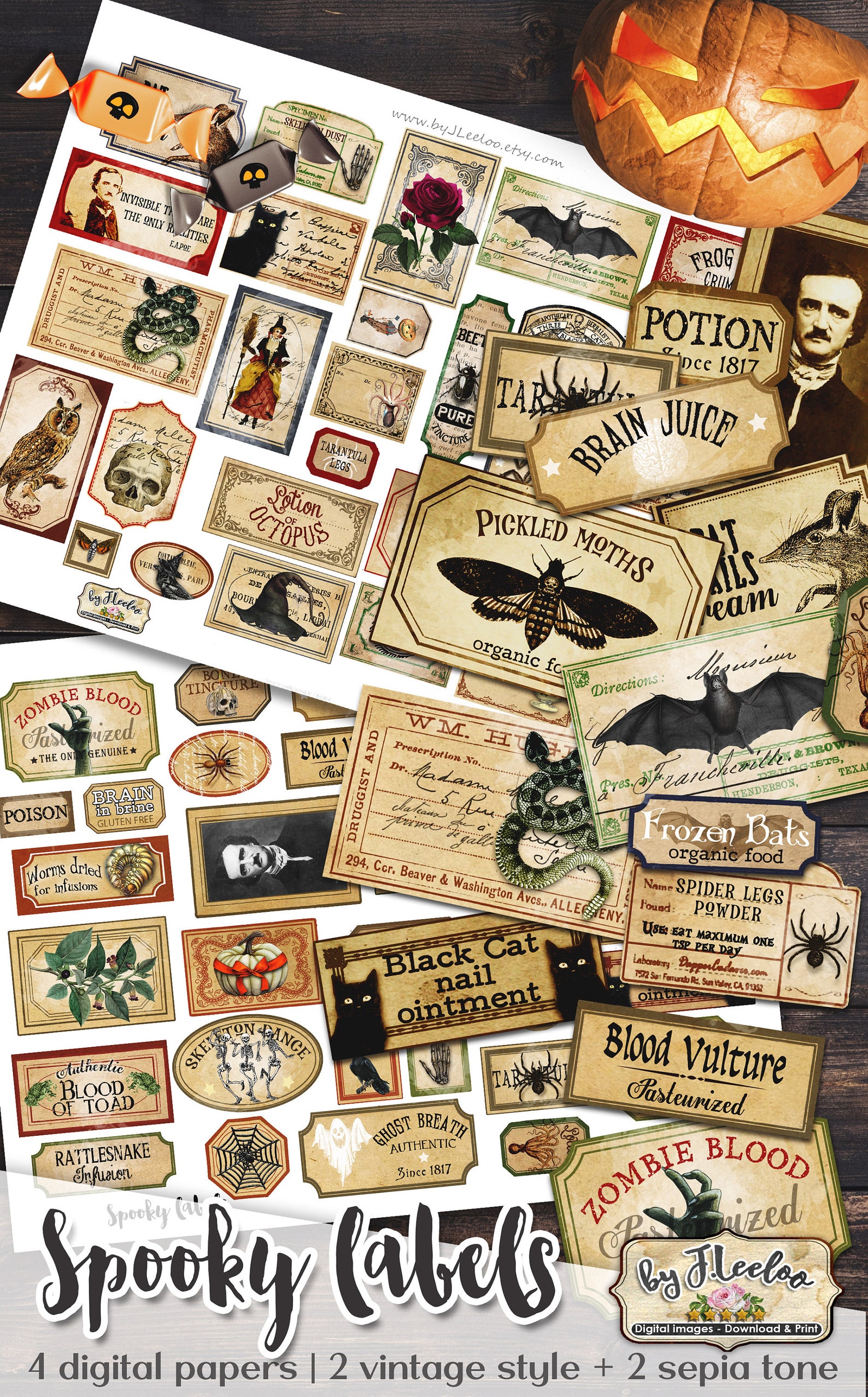 SPOOKY LABELS Vintage Kit Apothecary Witch Halloween Bottle Junk ...