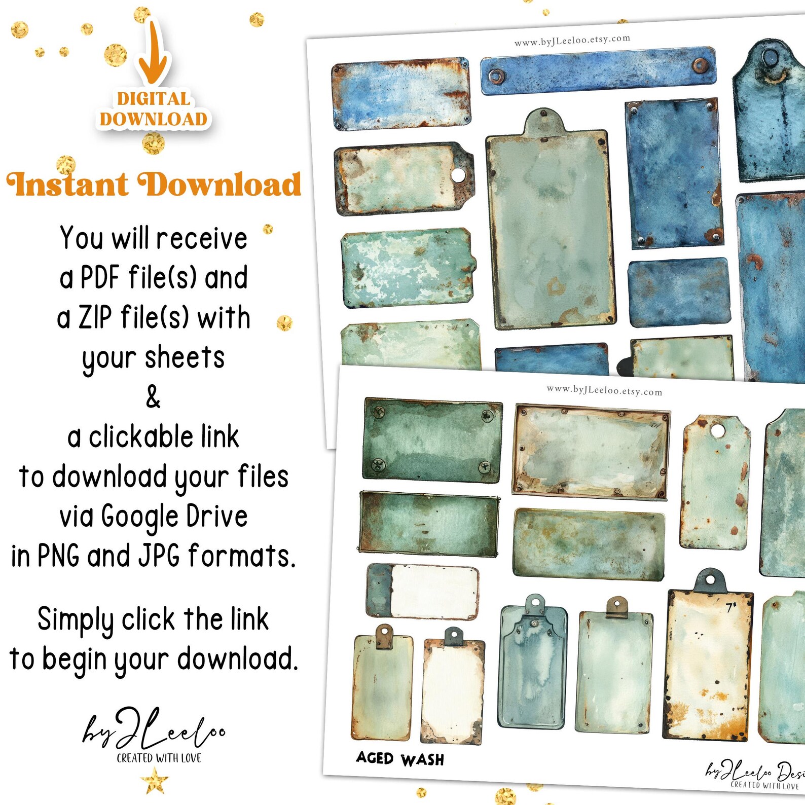 AGED WASH 74 Labels and Tags Printable | PNG Jpg Old Grungy Watercolor ...