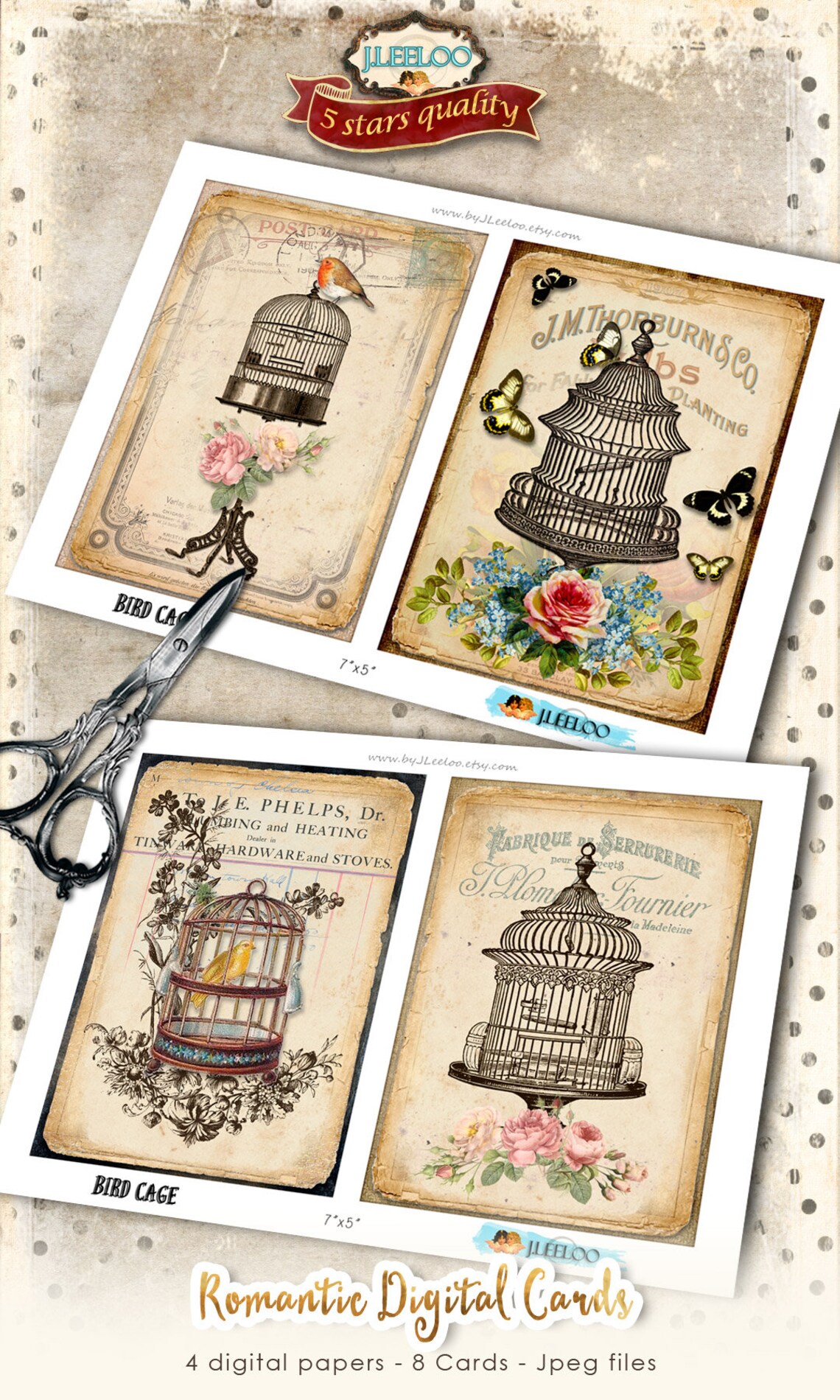 BIRD CAGE Cards 5x7 Inch Victorian Vintage Digital Collage - Etsy