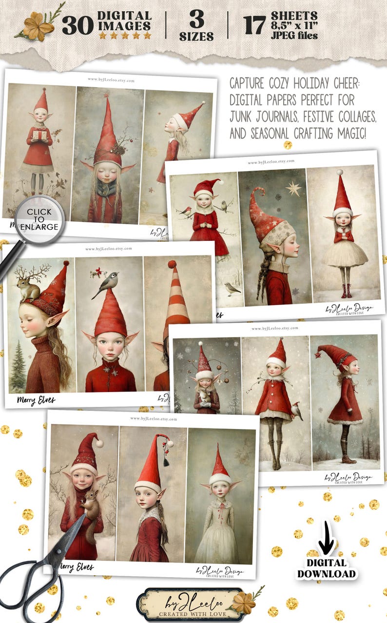 MERRY ELVES 30 Images 3 Sizes Christmas Cards | Junk Journal Printable ...