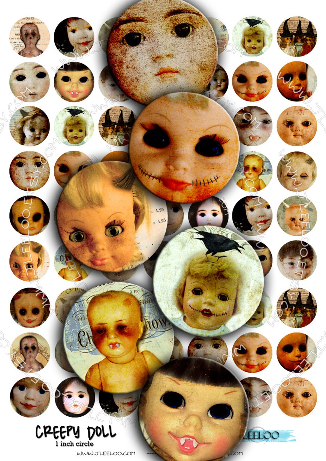 Digital Paper CREEPY DOLL 1 Inch Circle Scary Horror Halloween Pendants ...