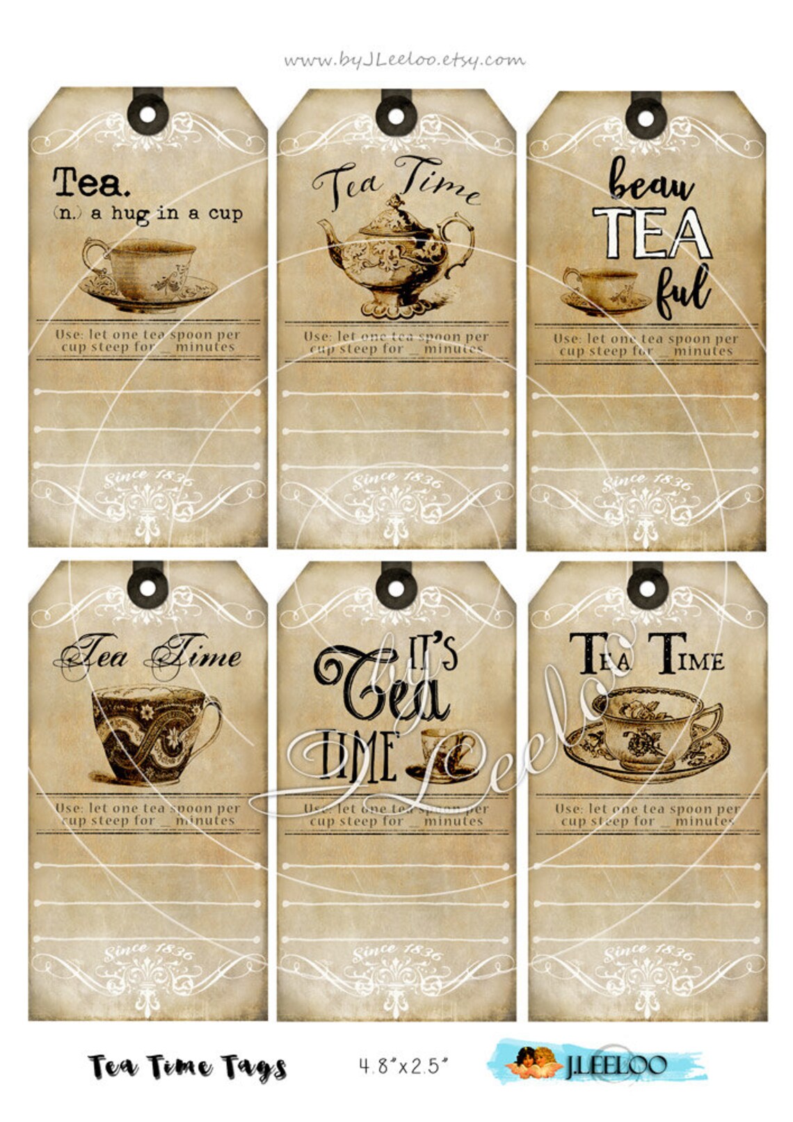 TEA TIME TAGS Digital Collage Sheet Crafting Vintage Brown Sepia ...