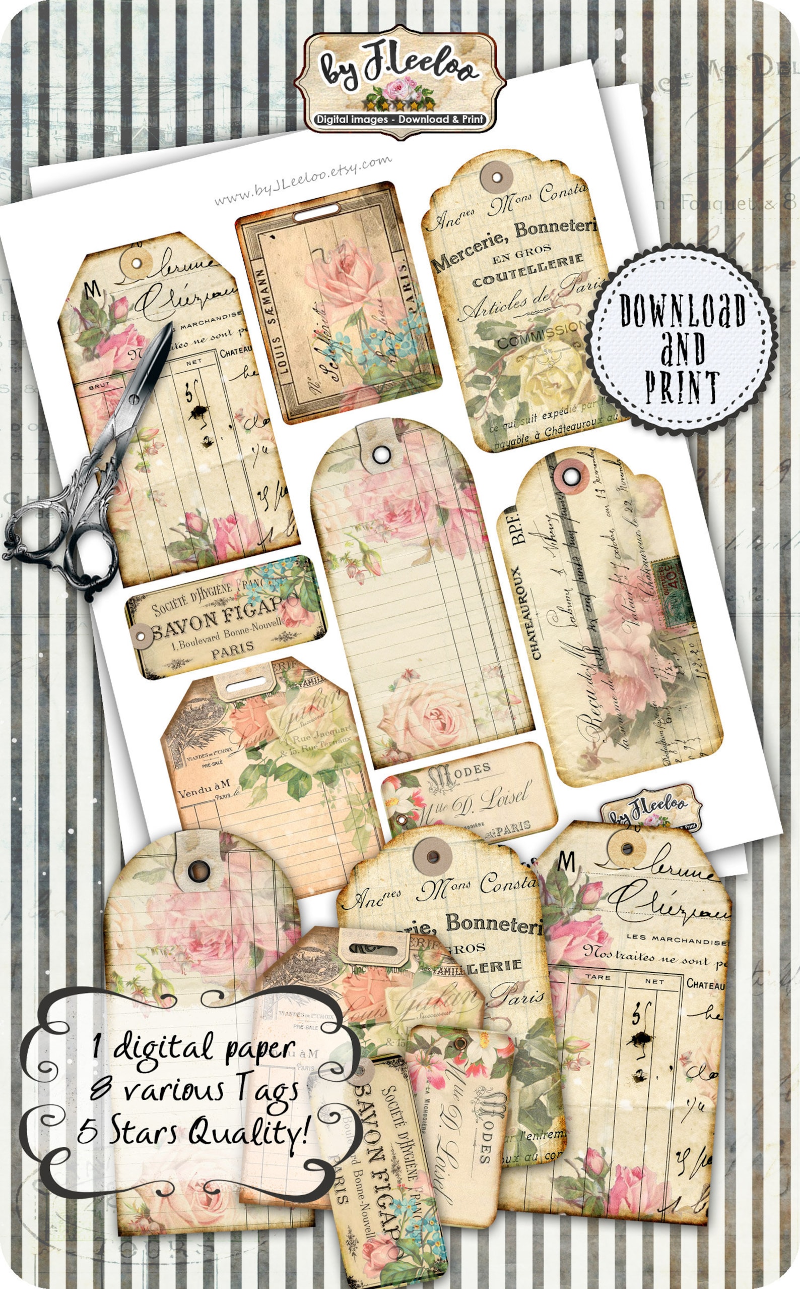 FRENCH TAGS Digital Shabby Chic Jewelry Holder Roses French Paper Goods ...