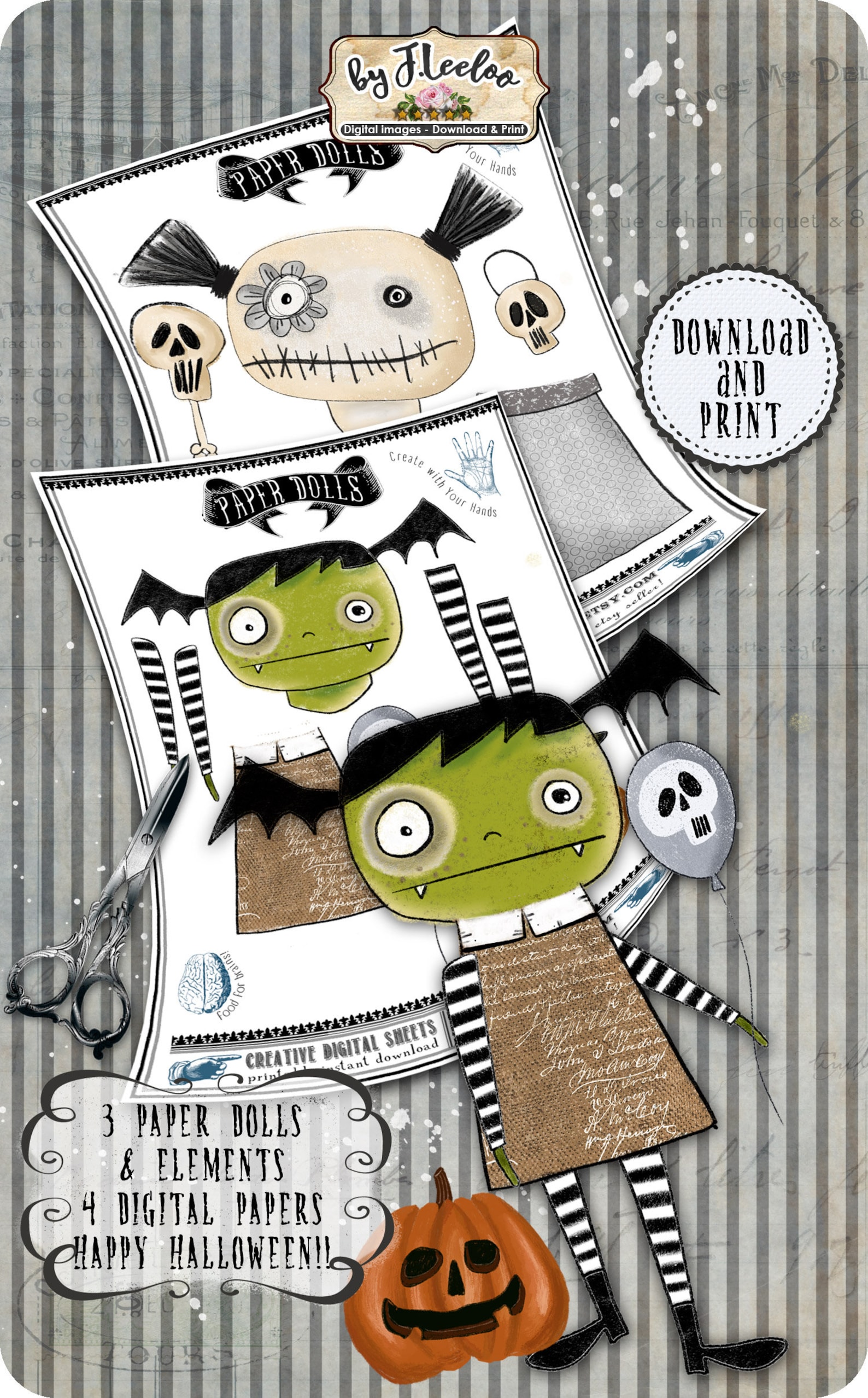 PAPER DOLL HALLOWEEN Hand Drawn Scary Digital Altered Art Digital ...