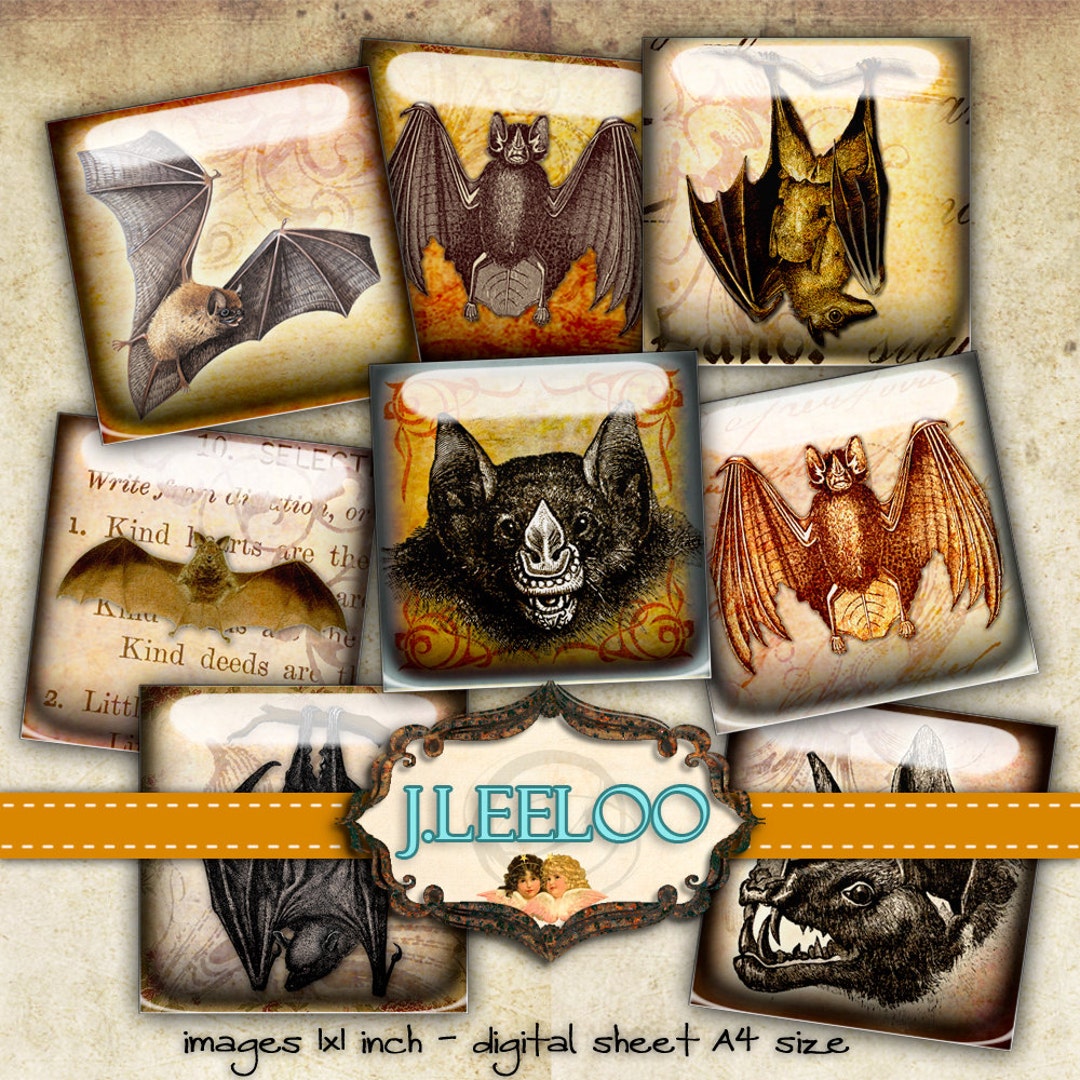 Digital Collage Sheet SPOOKY BAT 1 Inch Square for Goth Scary Halloween ...