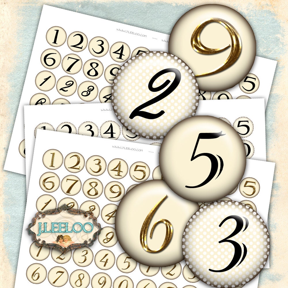 Digital collage sheet NUMBERS chic gold 1 inch round for | Etsy