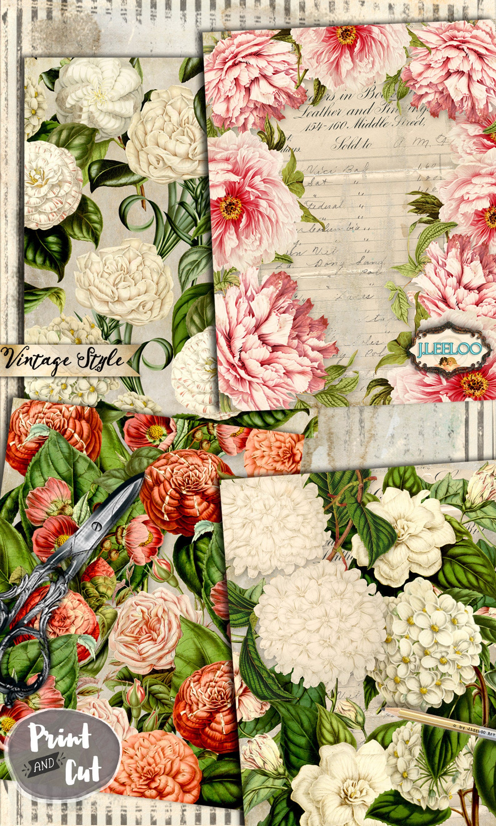 GARDEN PAPERS 10 Large Vintage Flower Papers for Scrapbook Digital ...