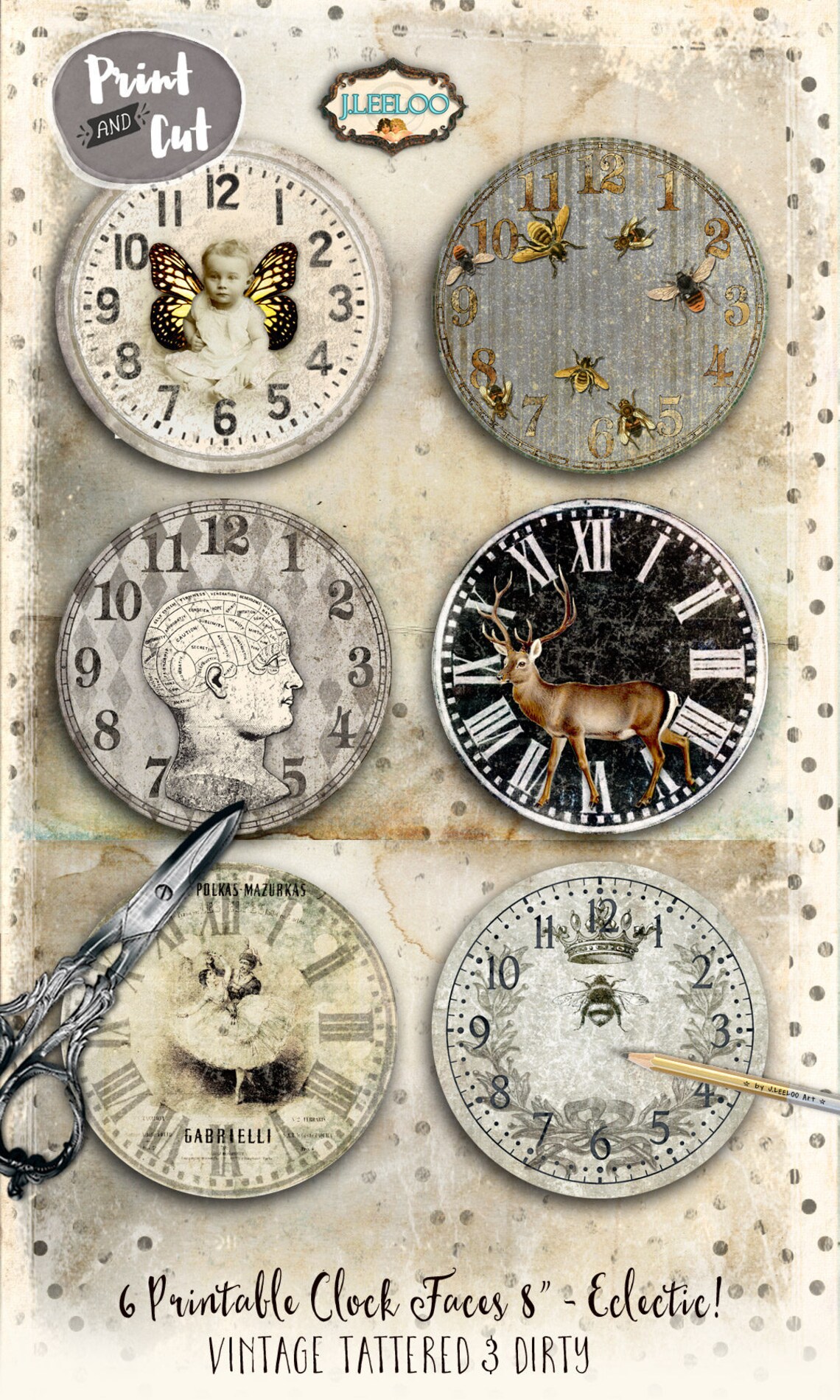 ECLECTIC CLOCK FACE 8 Inch Circle Vintage Dirty Printable | Etsy