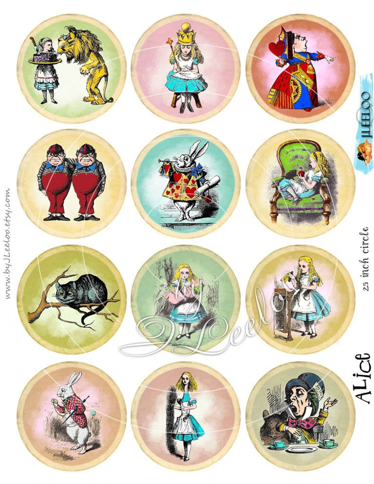 Digital Printable ALICE 2.5 Inch Circle Sheets Hand Recolored | Etsy