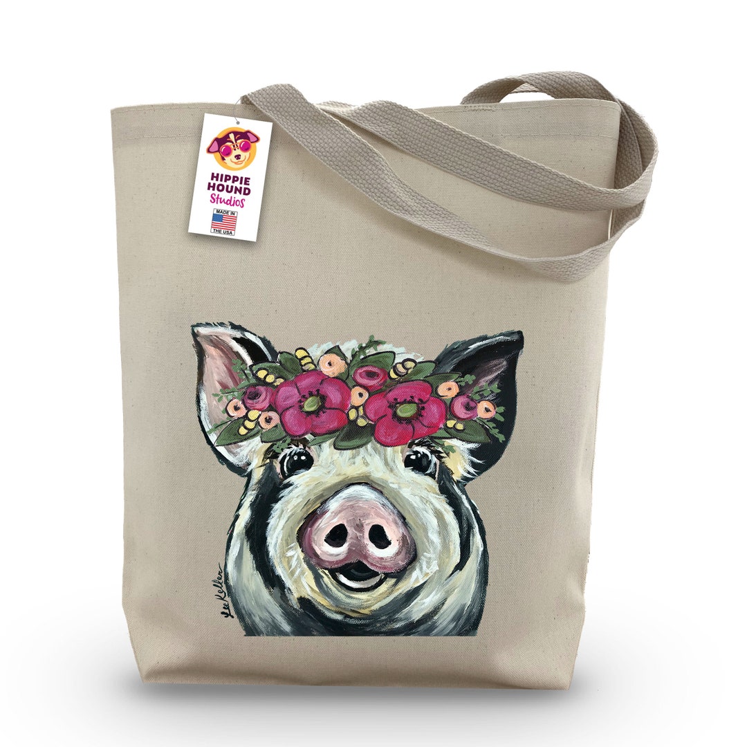 Pig Tote Bag - Personalized Pig Option - Cute Flower Crown Pig Art Tote ...