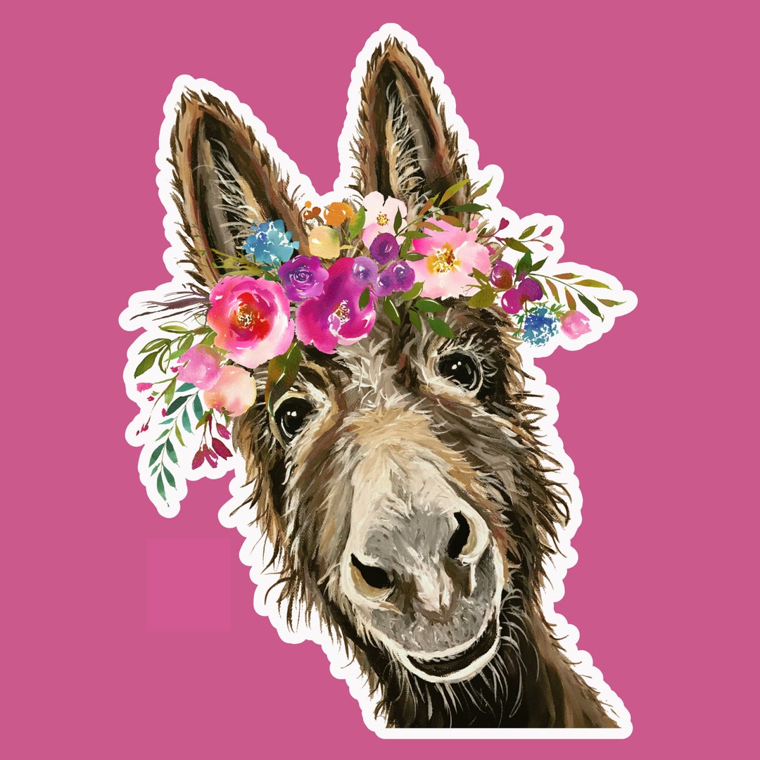 Donkey Sticker - 4" Donkey Vinyl Sticker - Cute Donkey With Flower ...