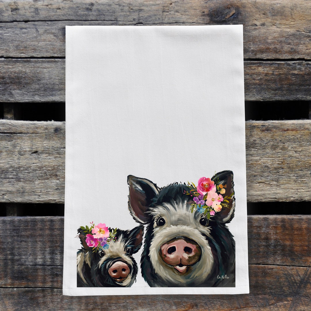 Pig Tea Towel 'mom & Baby' - Flower Crown Farmhouse Tea Towel Decor ...