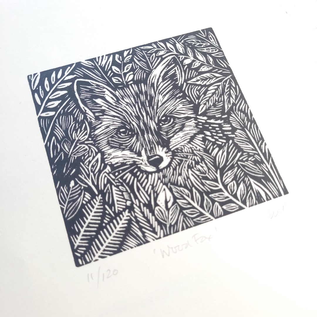 Fox in the Wood. Lino Cut, Hand Printed Lino Print, Original Print - Etsy