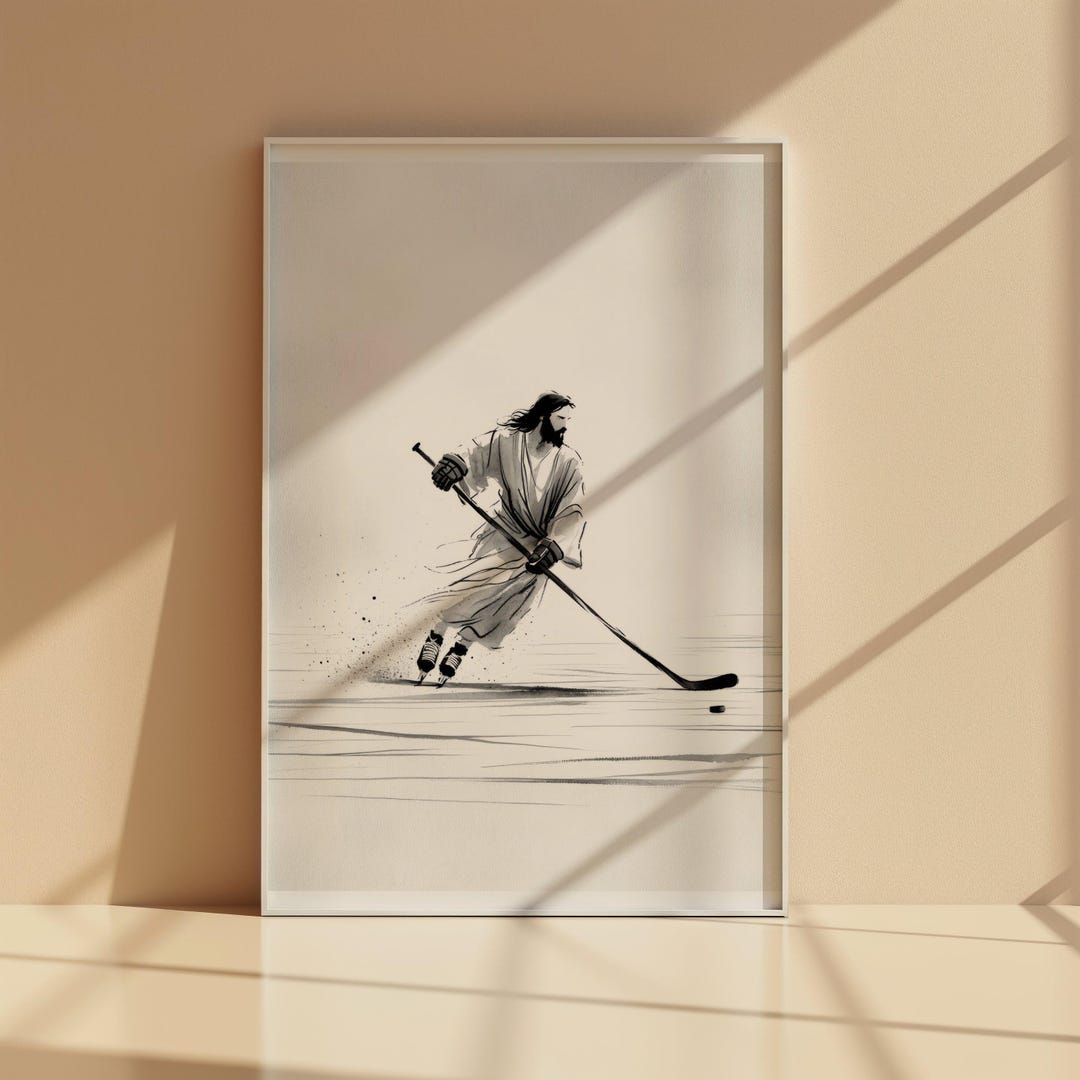 Jesus Playing Hockey Ink Wash Digital Print Gift for Him Wall Art ...
