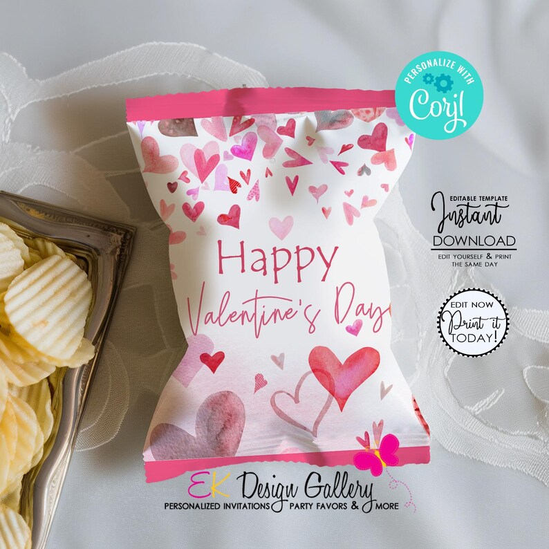 Valentine's Day Chip Bag, Editable Valentines Favor Gift, Classroom ...