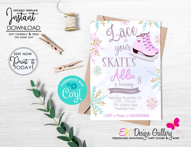 Ice Skating Birthday Invitation: Pink Winter Party Invite (editable ...