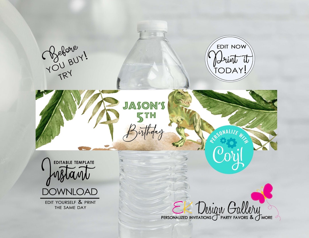 Dinosaur Water Bottle Labels, T-rex Birthday Party, Dino Birthday ...