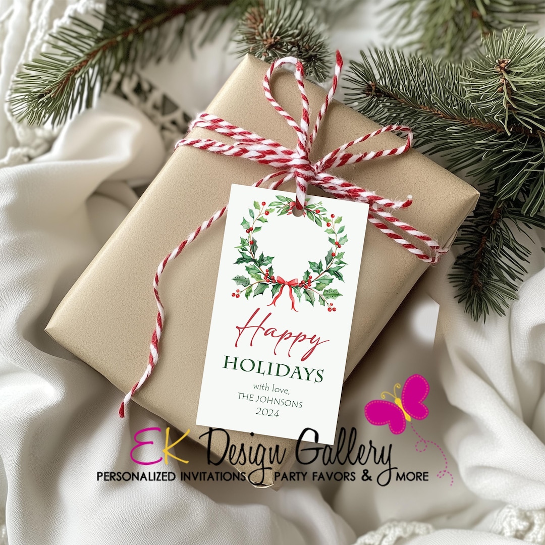 Happy Holidays Gift Tag Printable Christmas Wreath Gift Tag Holiday ...