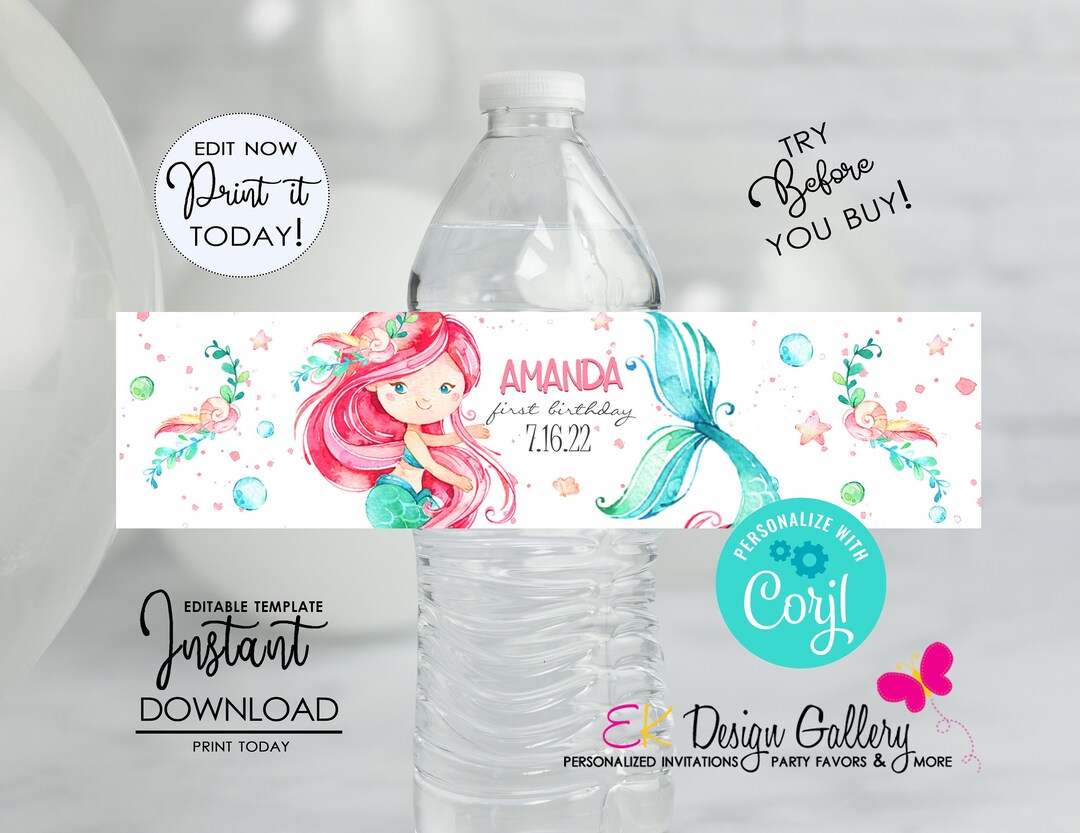 Editable Mermaid Tail Water Bottle Label: Under the Sea Party ...