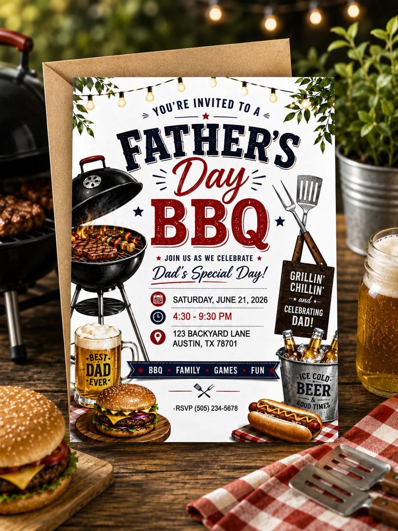 Father's Day Backyard BBQ Party Invitation Template, Editable Celebrate ...