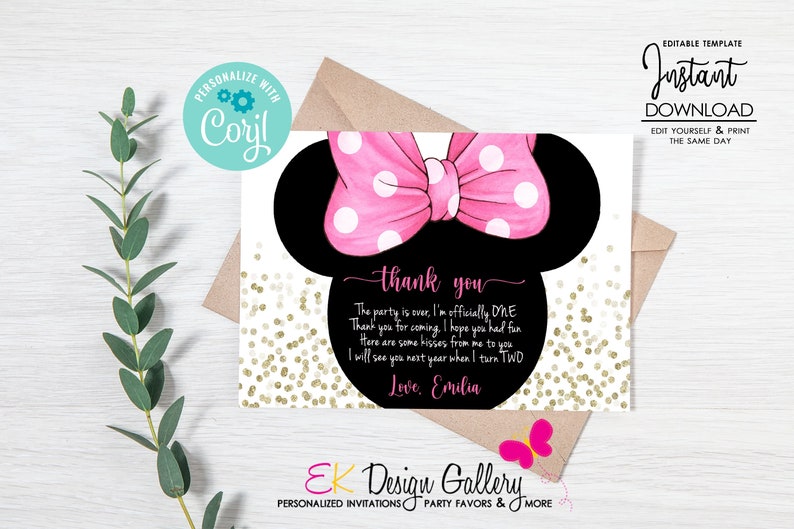 Girls Mouse Ears Thank You Card Birthday Thank You Instant - Etsy
