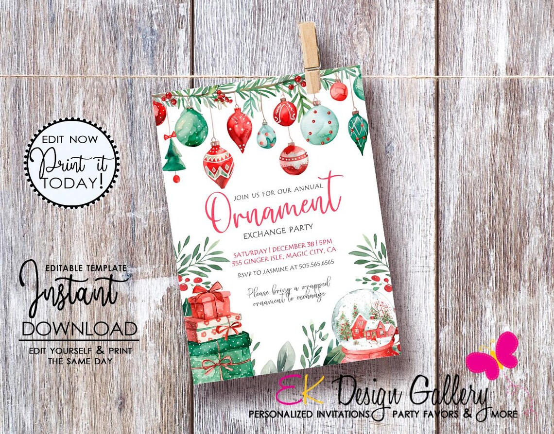 Christmas Ornament Exchange Invitation: Holiday Party Invite, EDITABLE ...