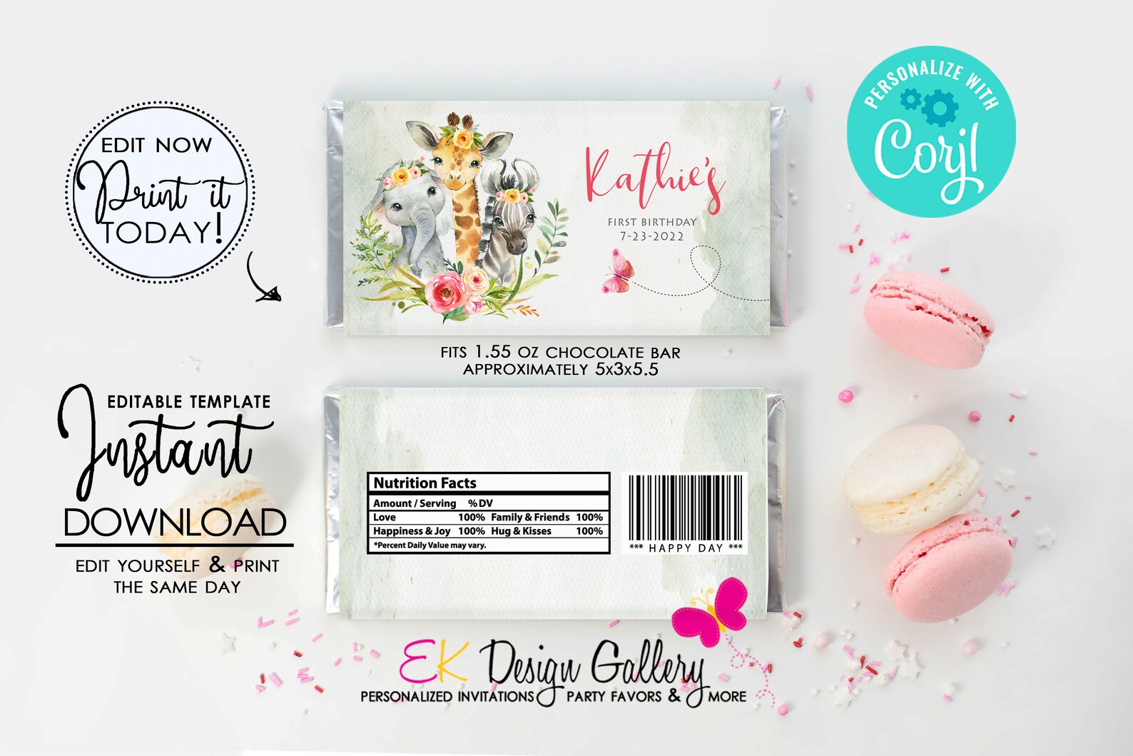 INSTANT DOWNLOAD Safari Animals Candy Bar Wrapper Girls Wild - Etsy