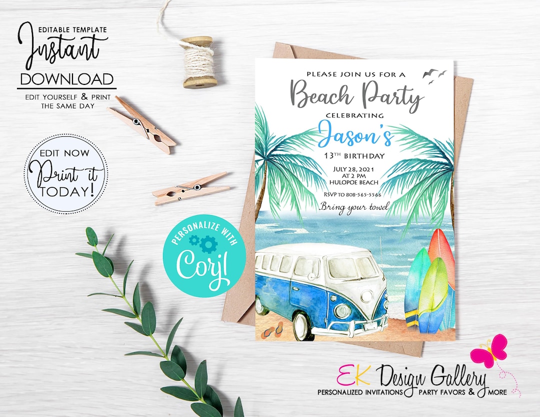 Beach Surfing Birthday Invitation: Surf Party Invite (editable Instant ...