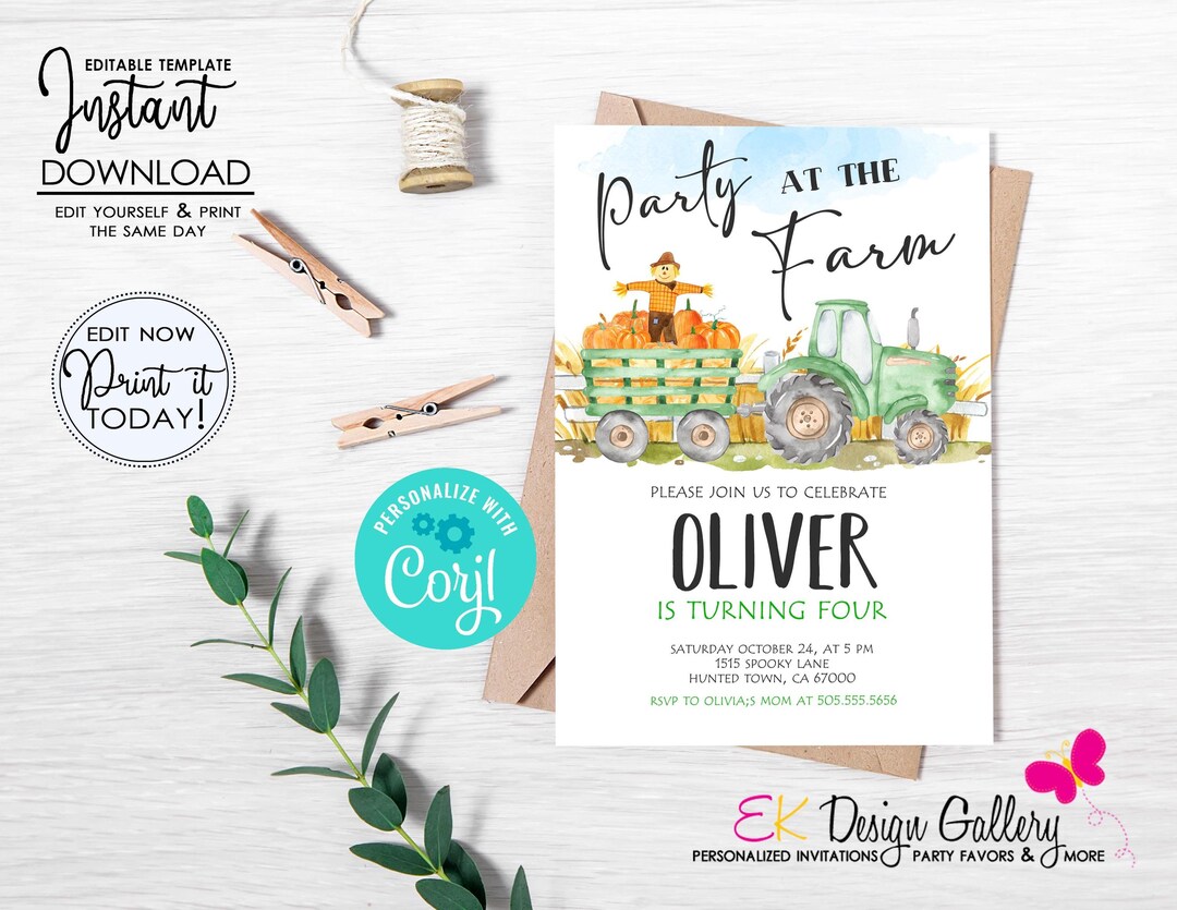 Pumpkin Patch Farm Birthday Invitation, Green Tractor Party Invite ...