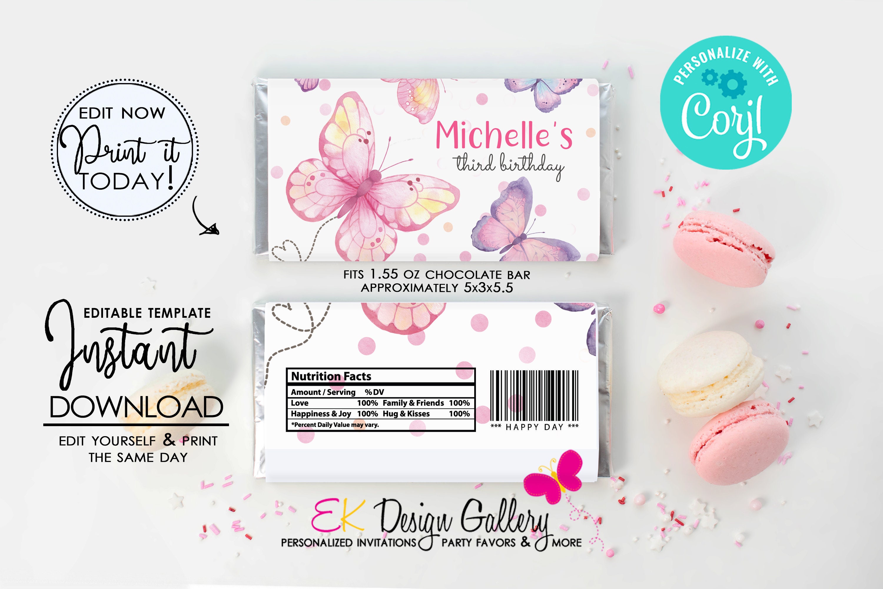 INSTANT DOWNLOAD Butterfly Candy Bar Wrapper Girls Butterfly - Etsy