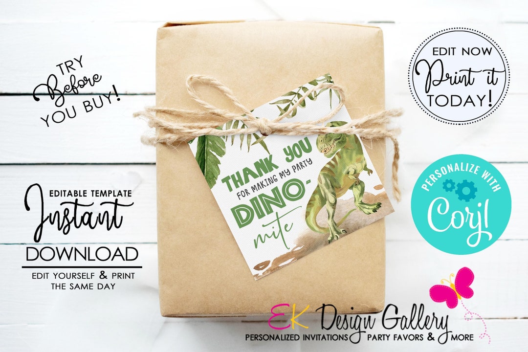 Dinosaur Thank You Tag: Dino Birthday Party Favor Label (instant ...
