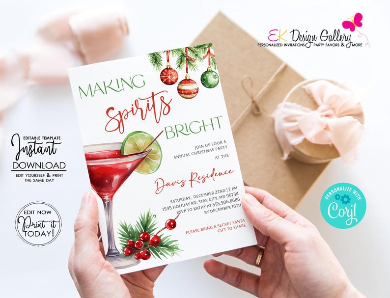 Making Spirits Bright Invitation: Christmas Adult Cocktails Party ...